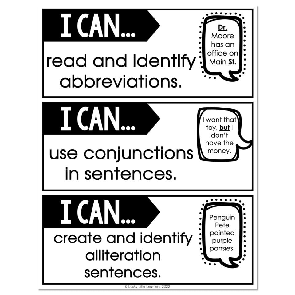 1st Grade I Can Statements - Grammar - Set 12 - Lucky Little Learners