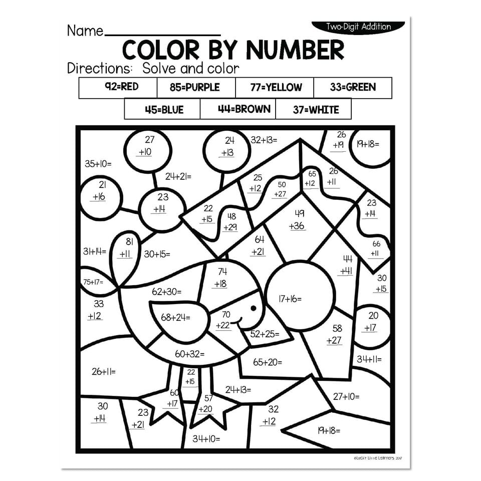 2-Digit Addition Winter Color by Number - Birdhouse - Lucky Little Learners