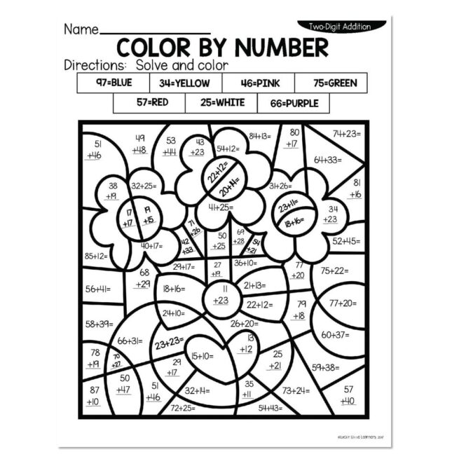 2-Digit Addition Winter Color by Number - Flowers - Lucky Little Learners
