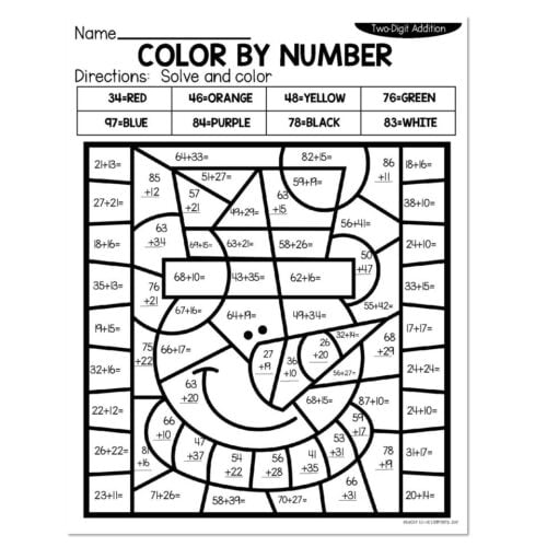 2-Digit Addition Winter Color by Number - Snowman - Lucky Little Learners