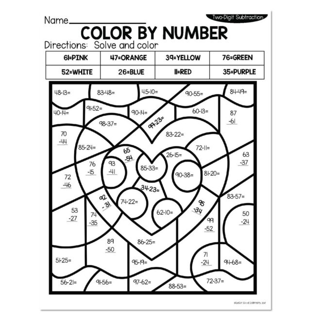 2-Digit Subtraction Winter Color by Number - Heart - Lucky Little Learners