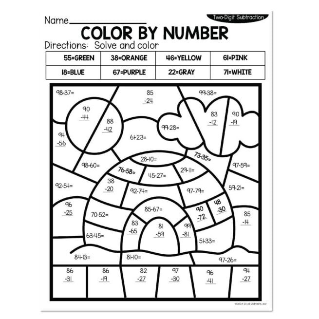 2-Digit Subtraction Winter Color by Number - Igloo - Lucky Little Learners