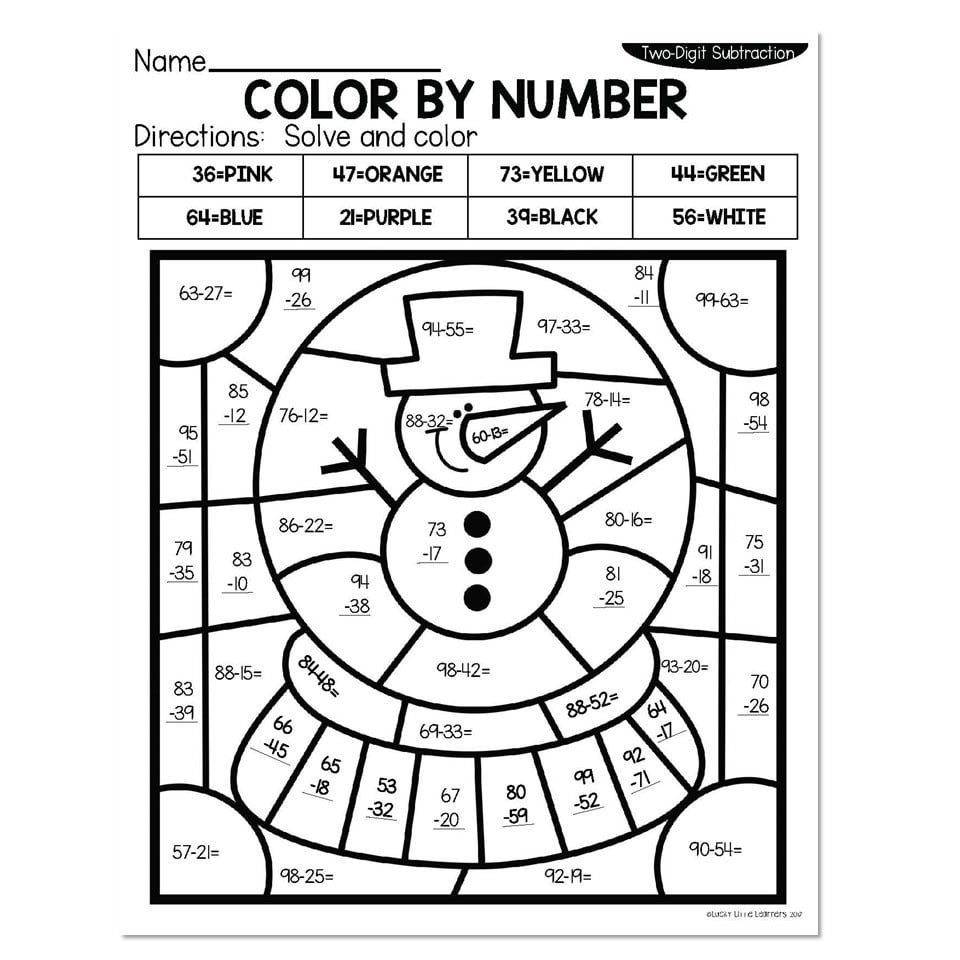 2-Digit Subtraction Winter Color by Number - Snowglobe - Lucky Little ...
