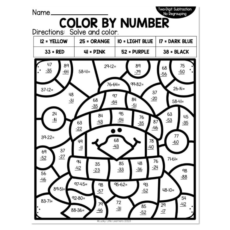 2-Digit Subtraction Winter Color by Number - Without Regrouping ...