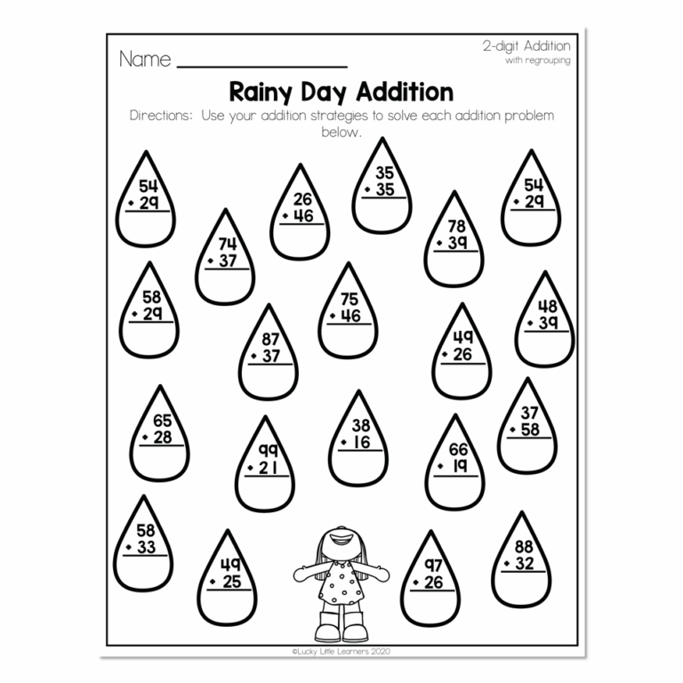 2nd Grade Math Worksheets - 2-Digit Addition With Regrouping - Rainy ...
