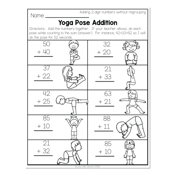 2nd Grade Math Worksheets - 2-Digit Addition Without Regrouping - Yoga ...