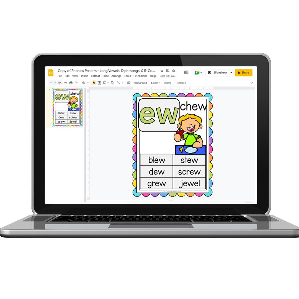 Digital Phonics Posters - Diphthongs - EW - Lucky Little Learners