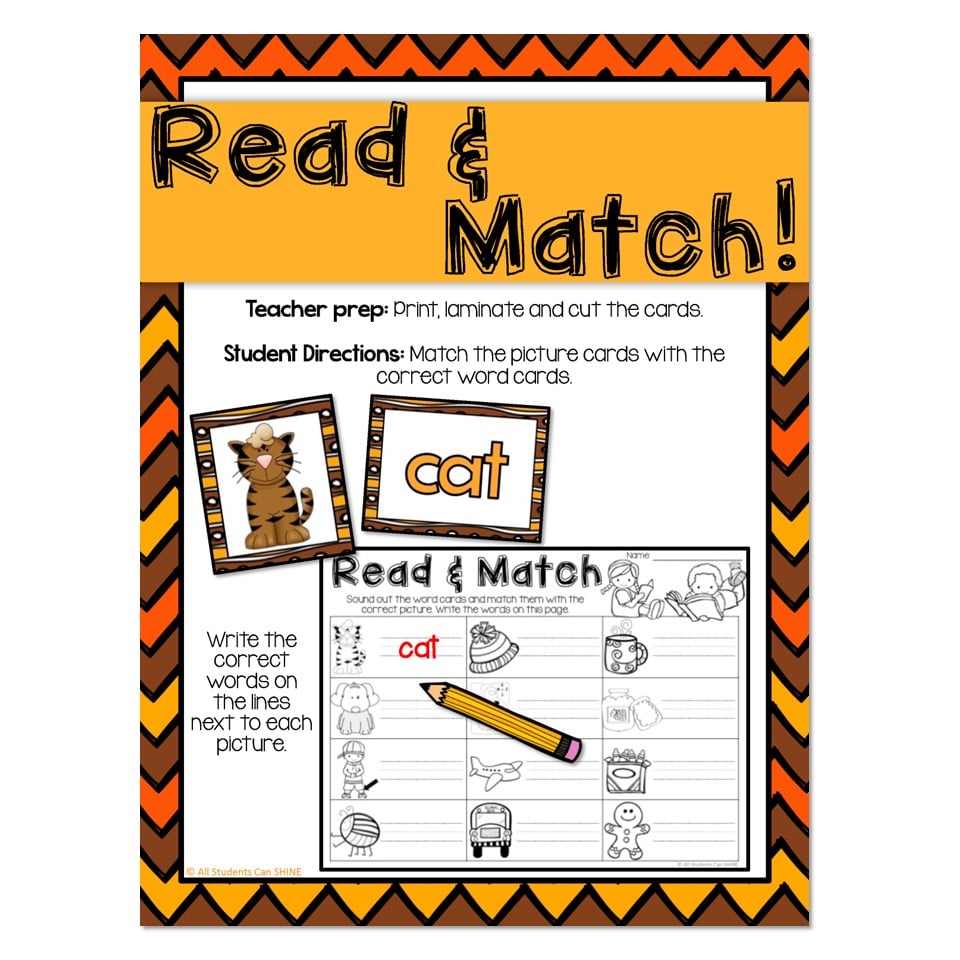 Fall Centers - Literacy - Read and Match - Lucky Little Learners