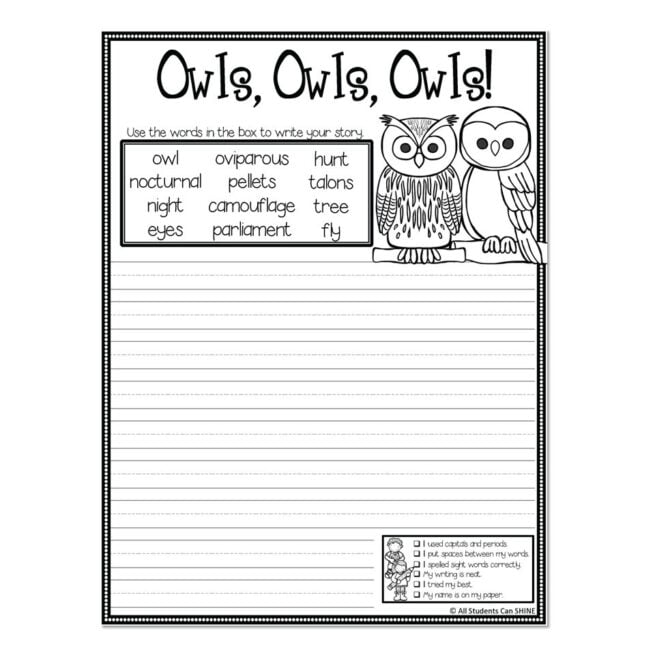 Fall Writing with Vocabulary - Owls Owls Owls - Lucky Little Learners
