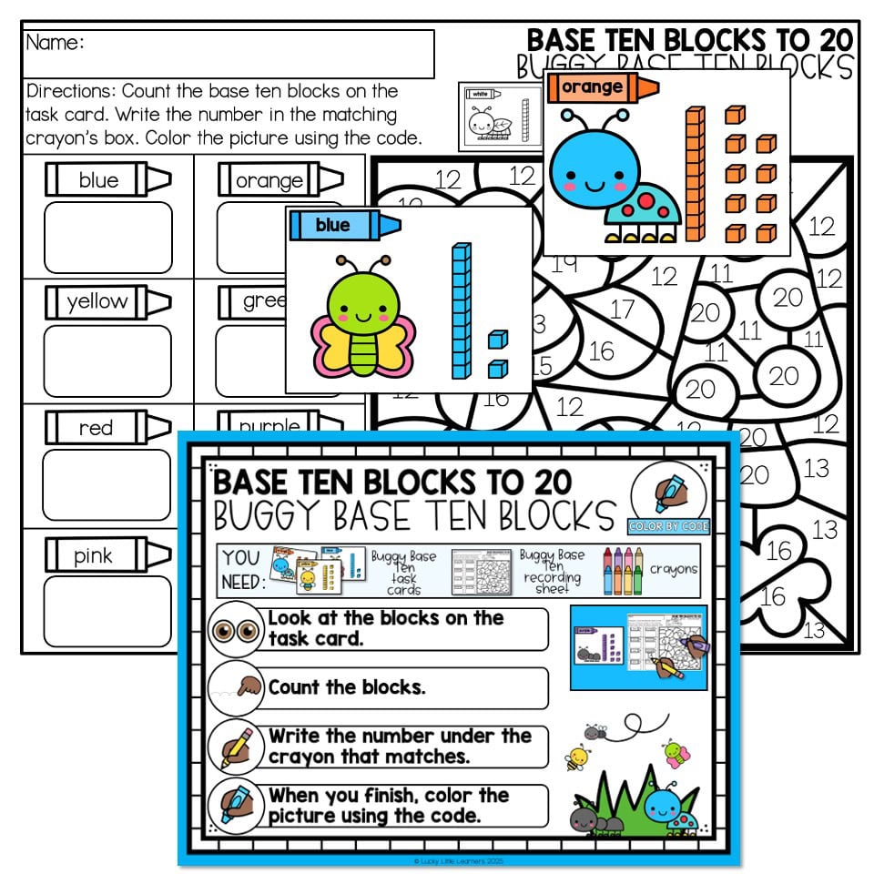 Kindergarten Math Center - May - Base Ten Blocks to 20 - Buggy Base Ten ...