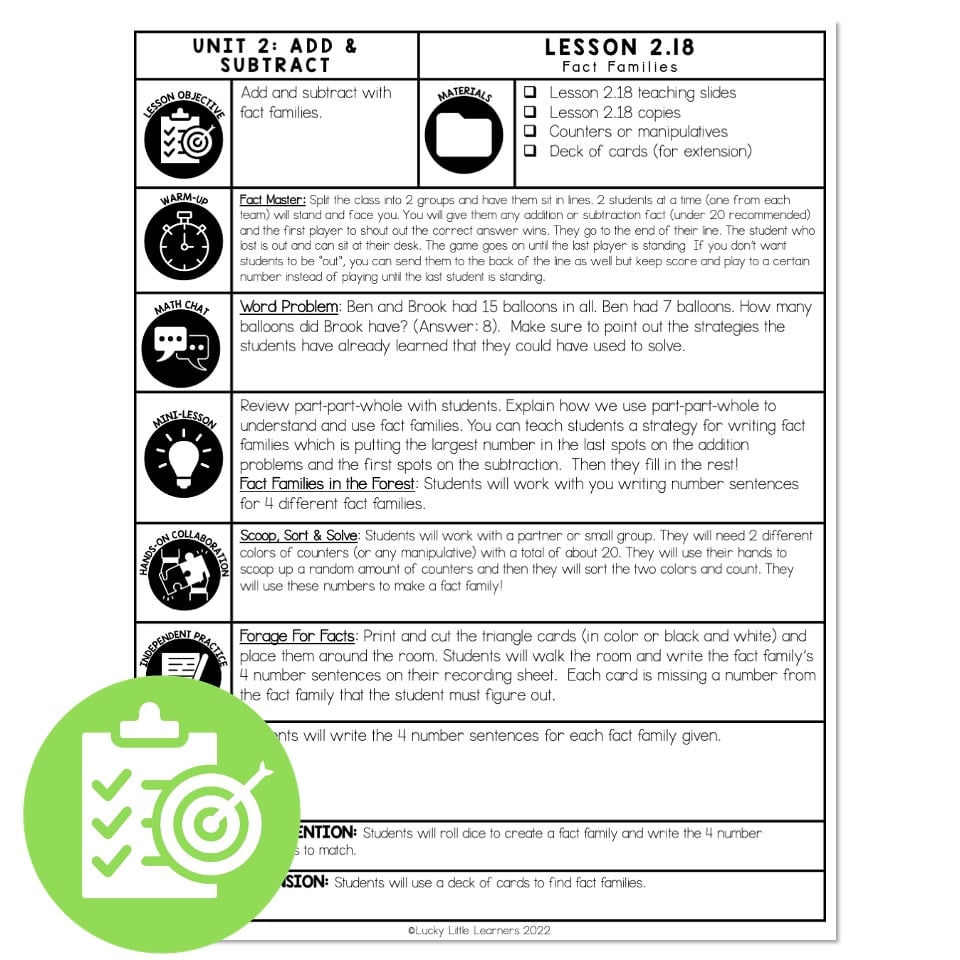 Lucky to Learn Math - Fact Families - Lesson 2.18 - Lesson Plan - Lucky ...