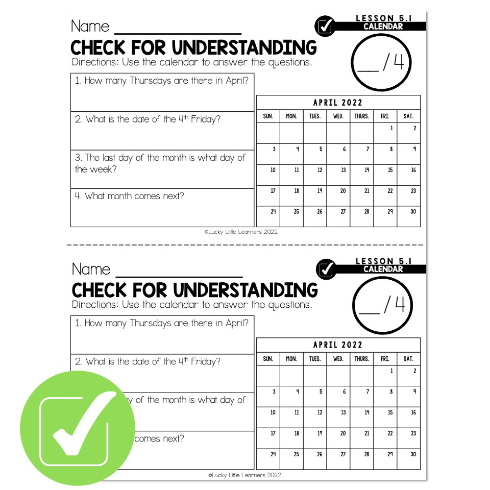 Lucky to Learn Math - Lesson 5.1 - Telling Time on a Calendar - Check ...