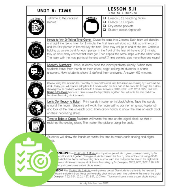 Lucky to Learn Math - Lesson 5.11 - Time to 1 Minute - Lesson Plan ...
