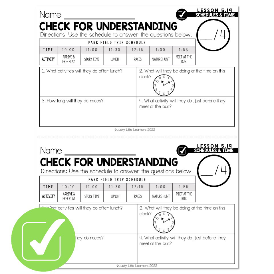 Lucky to Learn Math - Lesson 5.19 - Schedules and Time - Check for ...