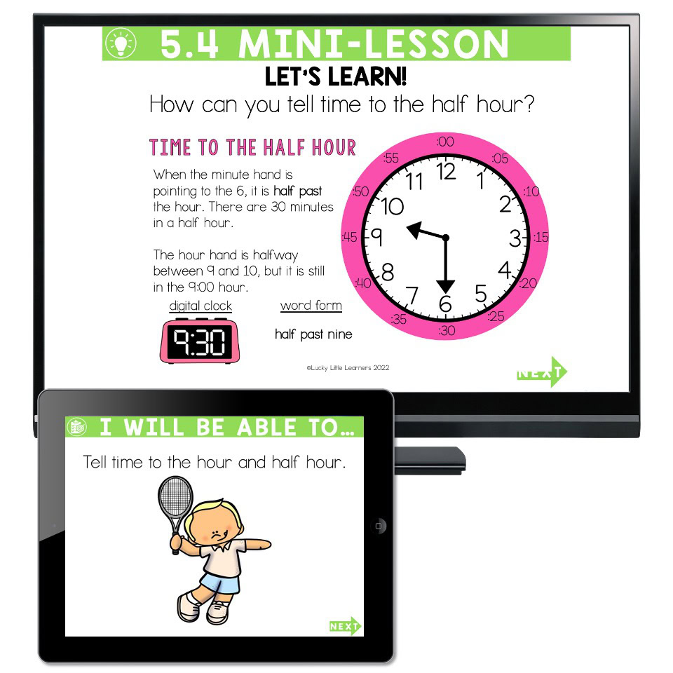 Lucky to Learn Math - Lesson 5.4 - Time to the Half Hour - Teaching ...