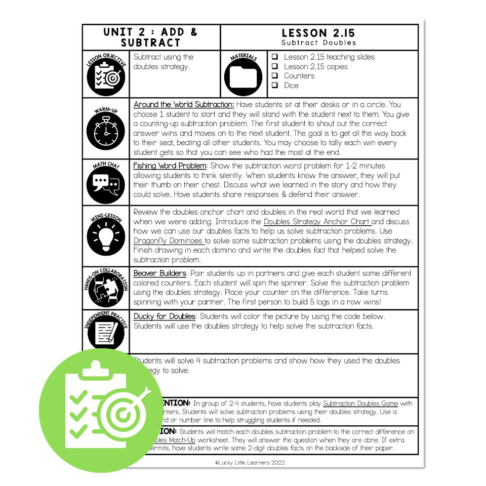 Lucky to Learn Math - Subtract Doubles - Lesson 2.15 - Lesson Plan ...