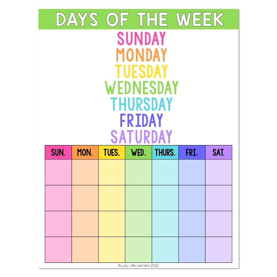 Lucky to Learn Math - Telling Time - Unit 5 - Anchor Chart - Days of ...