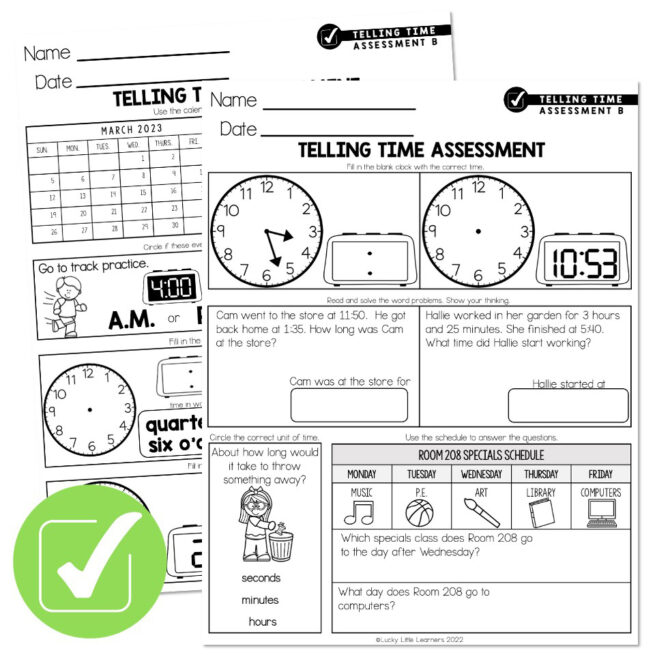Lucky to Learn Math - Telling Time - Unit 5 - Assessment B - Lucky ...