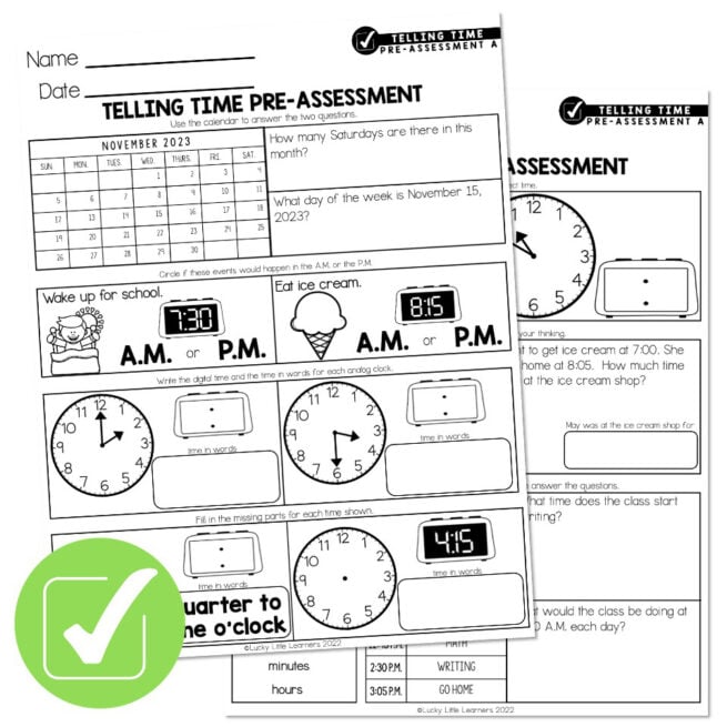 Lucky to Learn Math - Telling Time - Unit 5 - Pre-Assessment A - Lucky ...