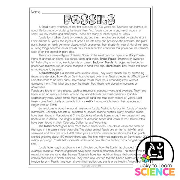 Lucky to Learn Science - Fossils - Reading Passage Article - Lucky ...