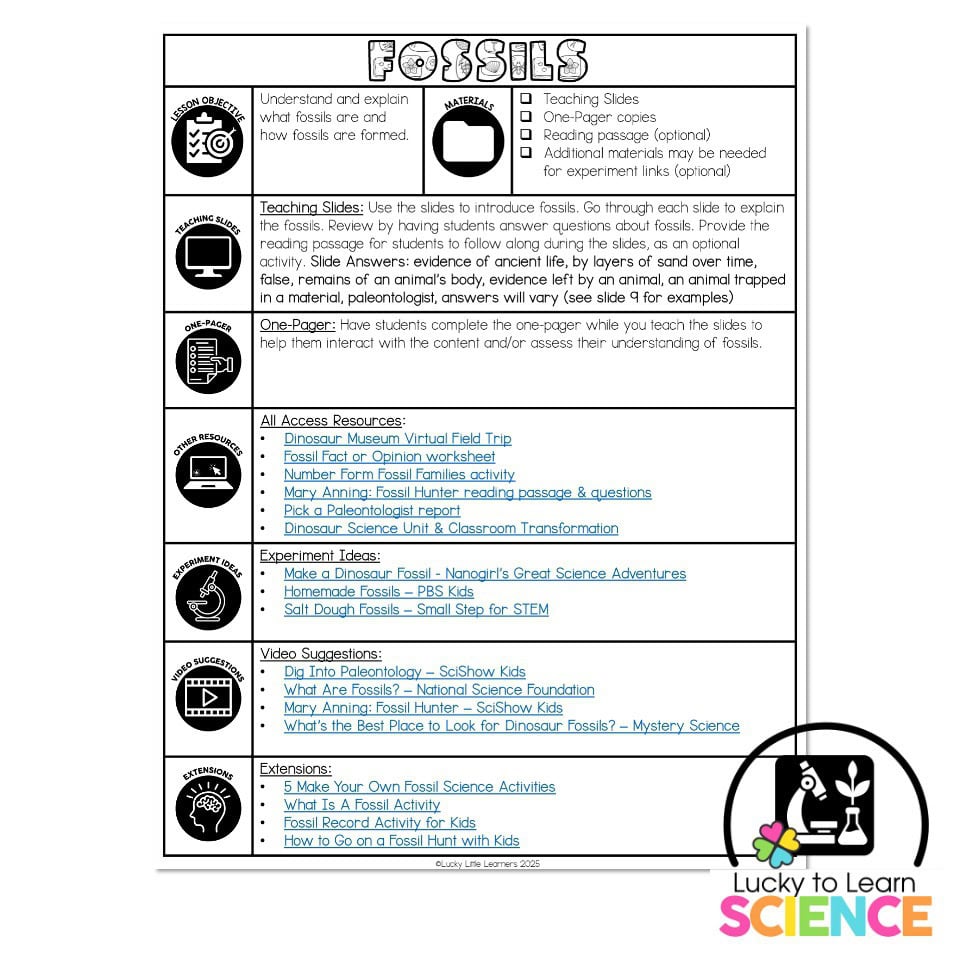 Lucky to Learn Science - Fossils - Teacher's Guide - Lucky Little Learners