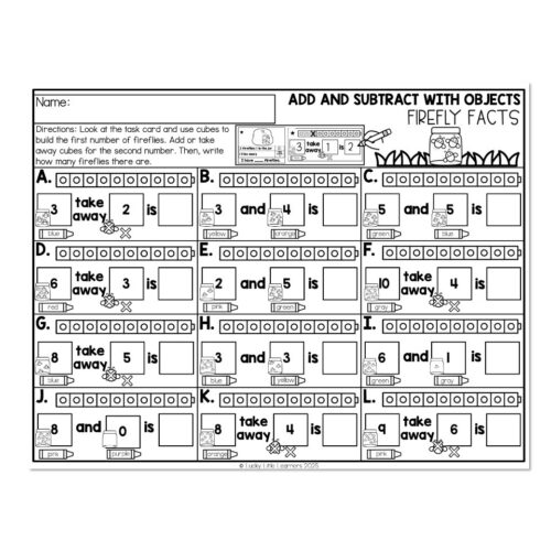 Math Worksheet - May - Add and Subtract with Objects- Firefly Facts ...
