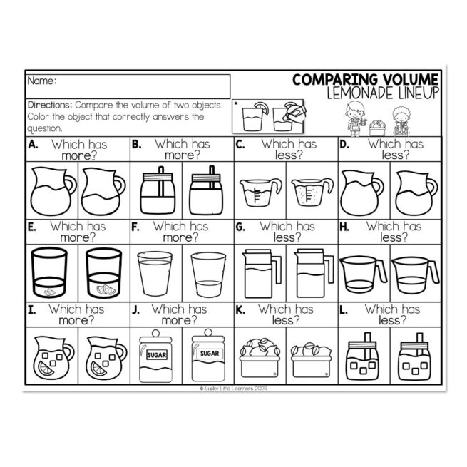 Math Worksheet - May - Comparing Volume - Lemonade Lineup - Lucky ...