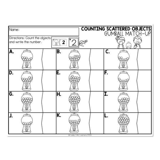 Math Worksheet - May - Counting Scattered Objects - Gumball Match Up ...