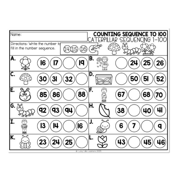 Math Worksheet - May - Counting Sequence to 100 - Caterpillar ...