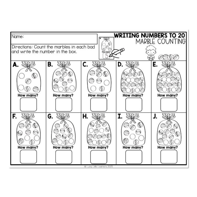 Math Worksheet - May - Writing Numbers to 20 - Marble Counting - Lucky ...