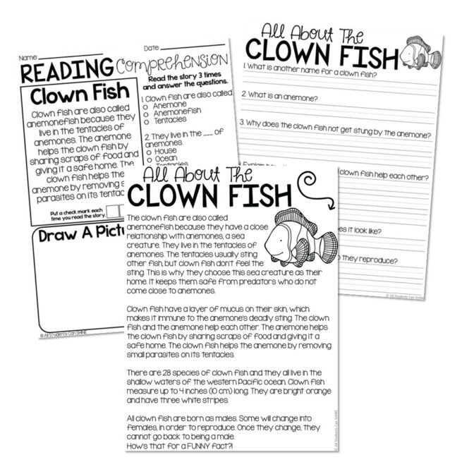 Ocean Animals Unit - Reading Comprehension Pages - Clown Fish - Lucky ...
