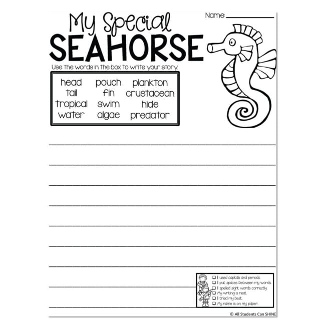 Ocean Animals Unit - Writing Prompt - My Special Seahorse - Lucky ...