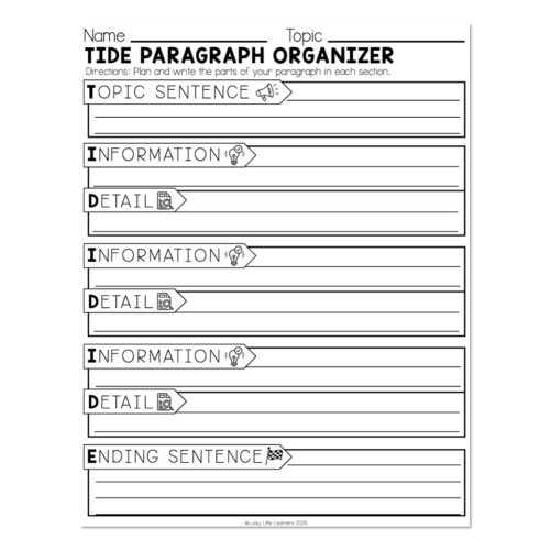 Paragraph Writing - TIDE organizer with lines - Lucky Little Learners