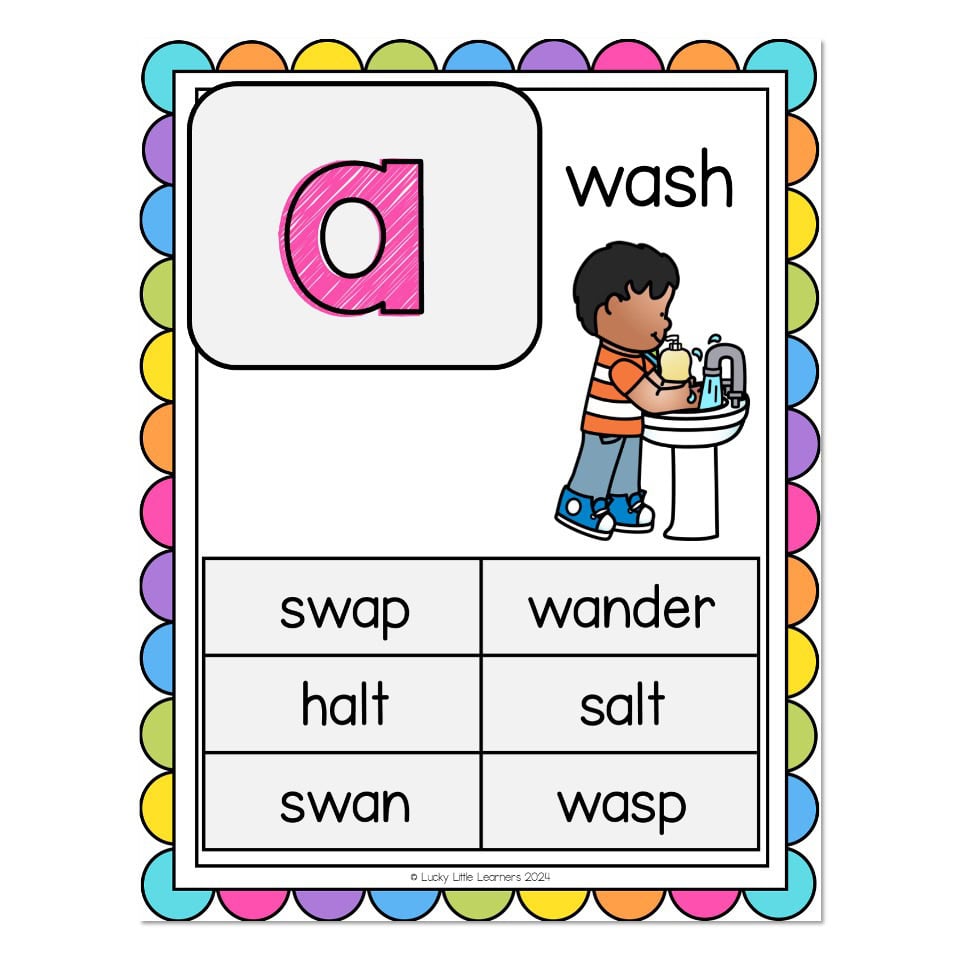 Phonics Posters - Variant Vowel - A like Wash - Lucky Little Learners