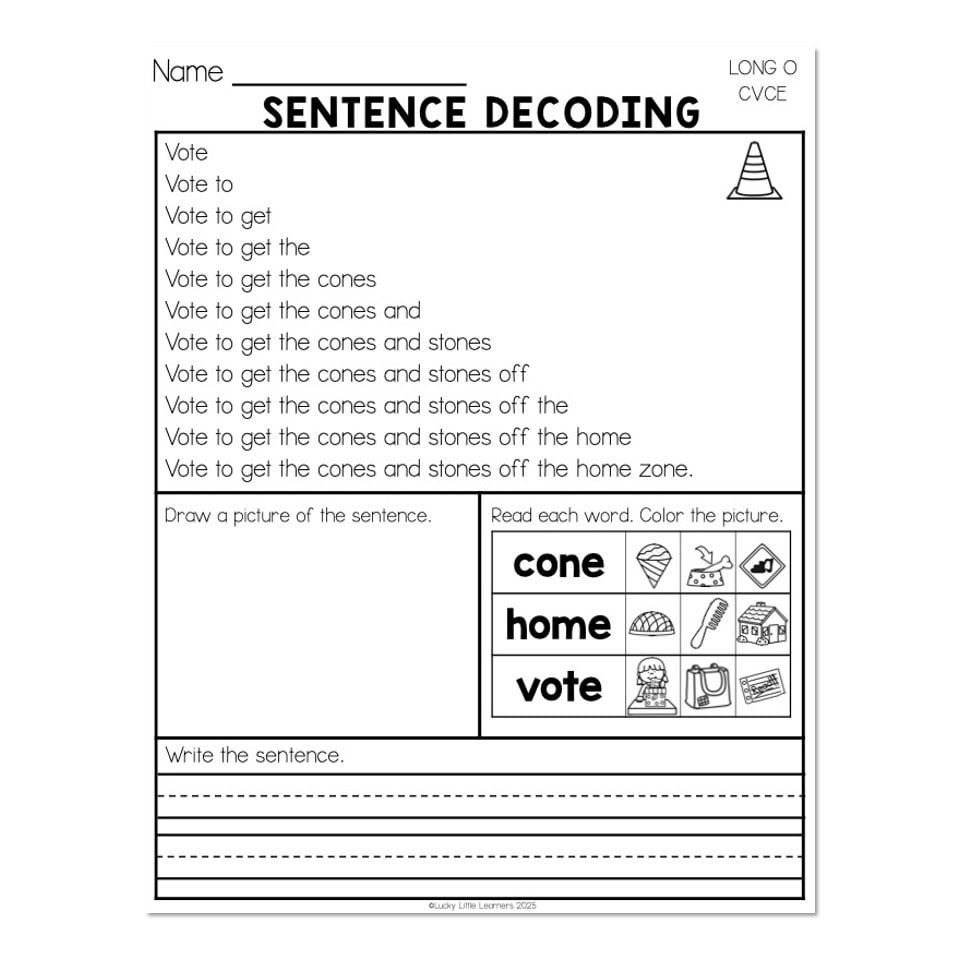 Sentence Decoding - Long O CVCE - Version 1 - Lucky Little Learners