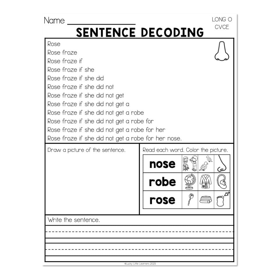 Sentence Decoding - Long O CVCE - Version 3 - Lucky Little Learners