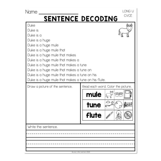 Sentence Decoding - Long U CVCE - Version 1 - Lucky Little Learners