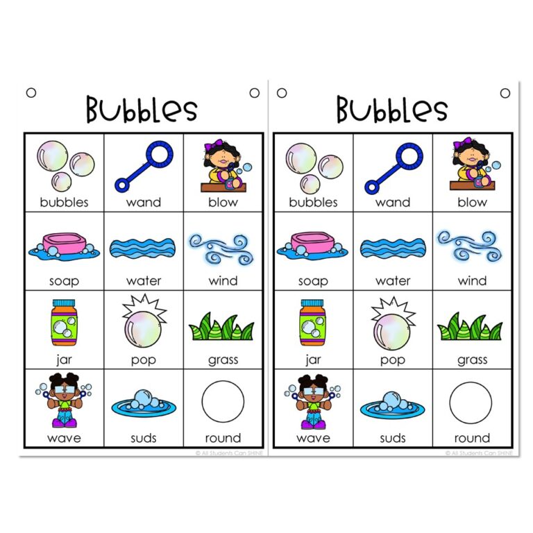 Themed Vocabulary Word Lists - Bubbles - Lucky Little Learners