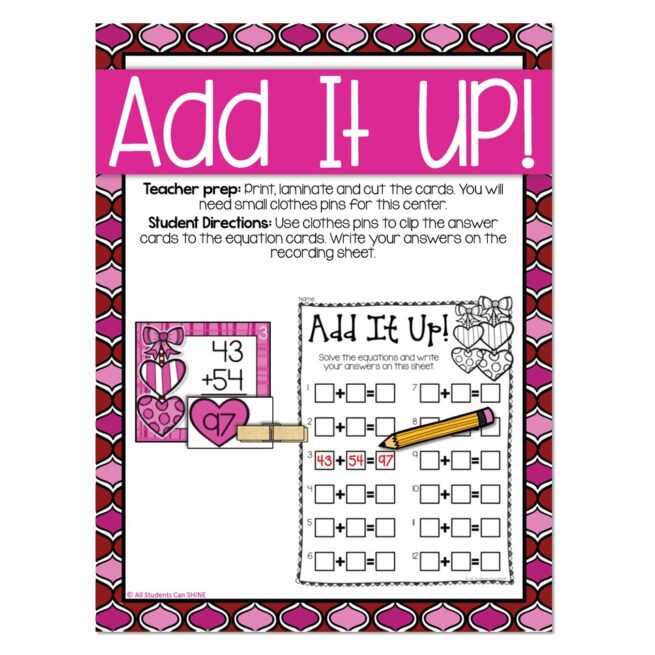 Valentine's Day Centers - Math - Add It Up - Lucky Little Learners