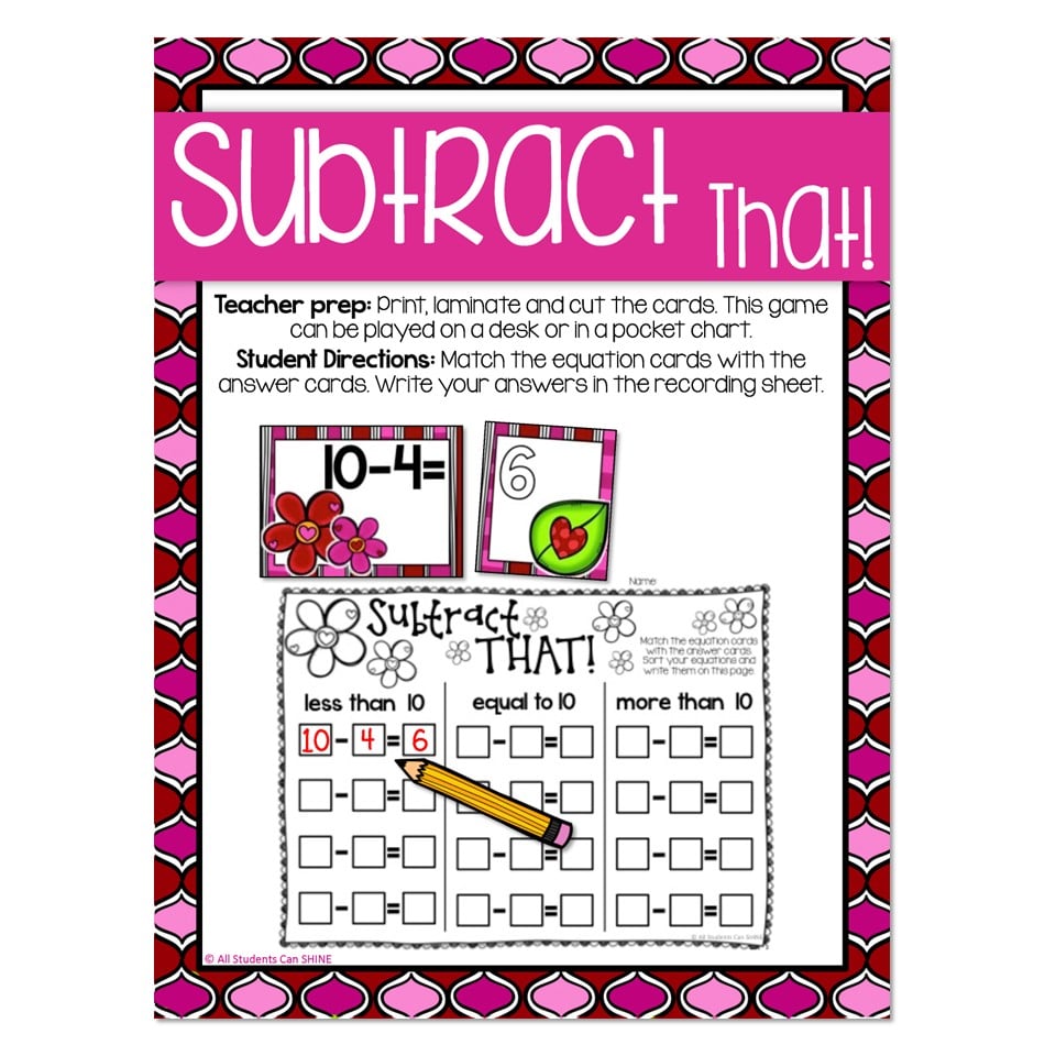 Valentine's Day Centers - Math - Subtract That - Lucky Little Learners