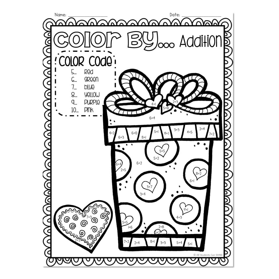 Valentine's Day Printables - Math - Color by Addition - Lucky Little ...