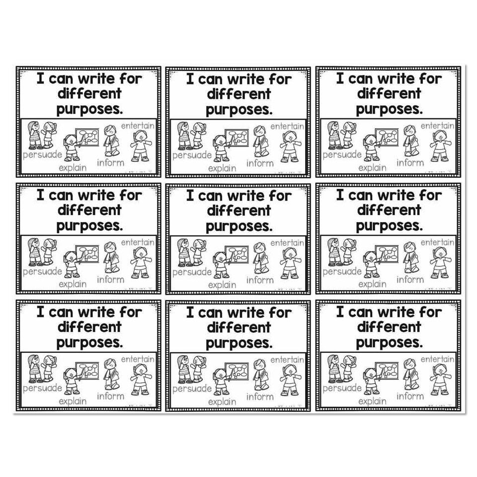 Writing Bulletin Board - Writing Goal Cards - Write Different Purposes ...