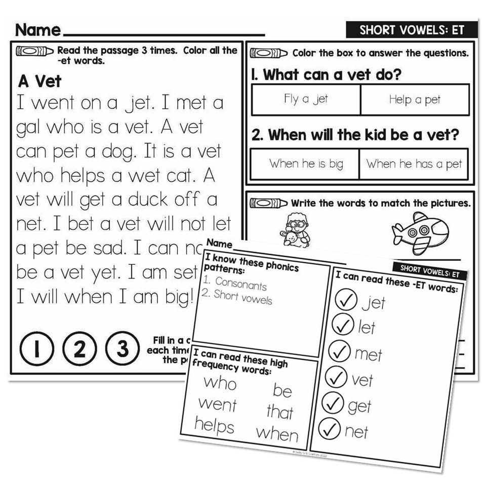 1st Grade Decodable Phonics Passage - Short Vowels - ET - Lucky Little ...