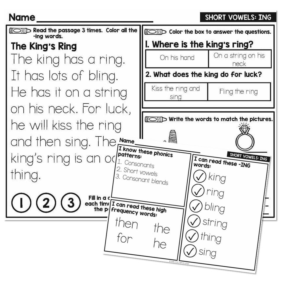 1st Grade Decodable Phonics Passage - Short Vowels - ING - Lucky Little ...