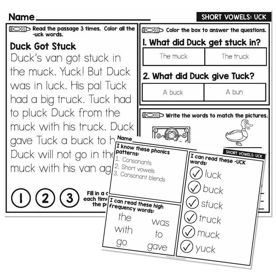 1st Grade Decodable Phonics Passage - Short Vowels - UCK - Lucky Little ...