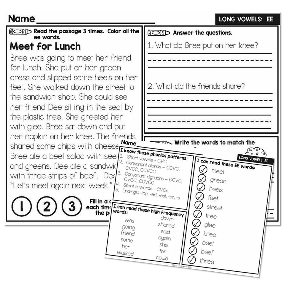 2nd Grade Decodable Phonics Passage - Long Vowels - EE - Lucky Little ...