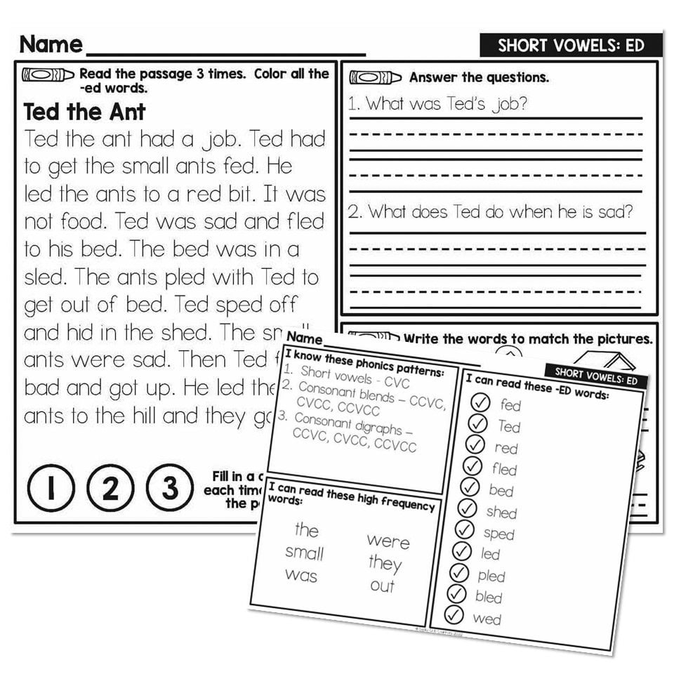 2nd Grade Decodable Phonics Passage - Short Vowels - ED - Lucky Little ...