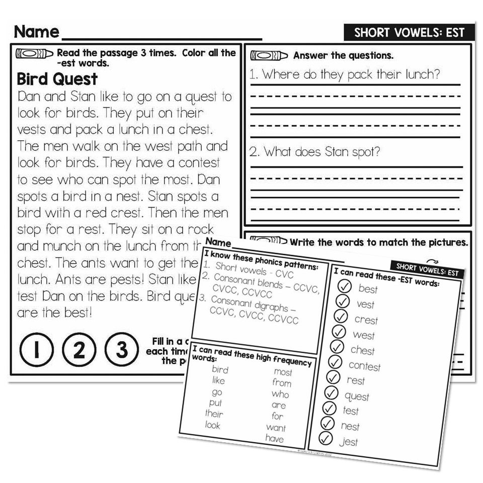 2nd Grade Decodable Phonics Passage - Short Vowels - EST - Lucky Little ...