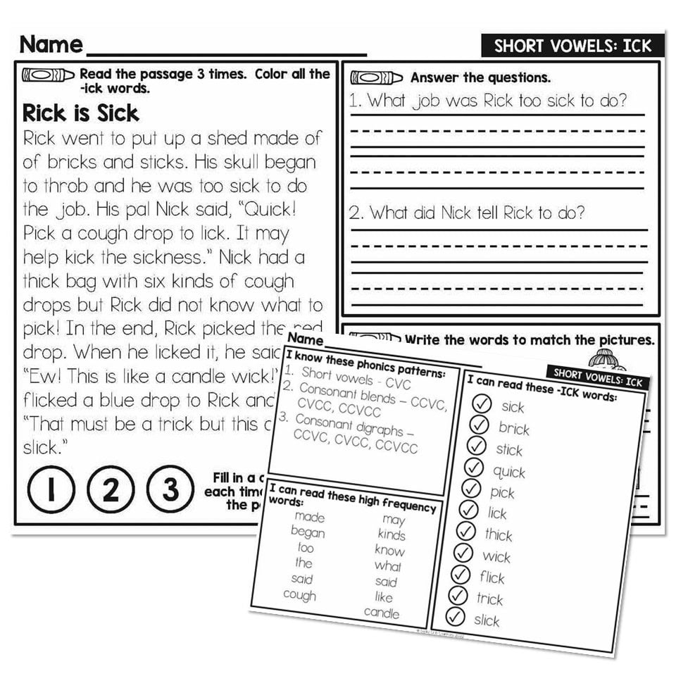 2nd Grade Decodable Phonics Passage - Short Vowels - ICK - Lucky Little ...