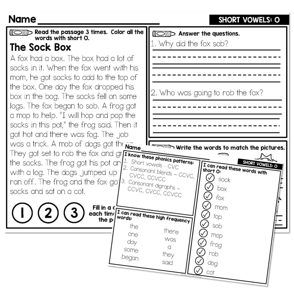 2nd Grade Decodable Phonics Passage - Short Vowels - O - The Sock Box ...